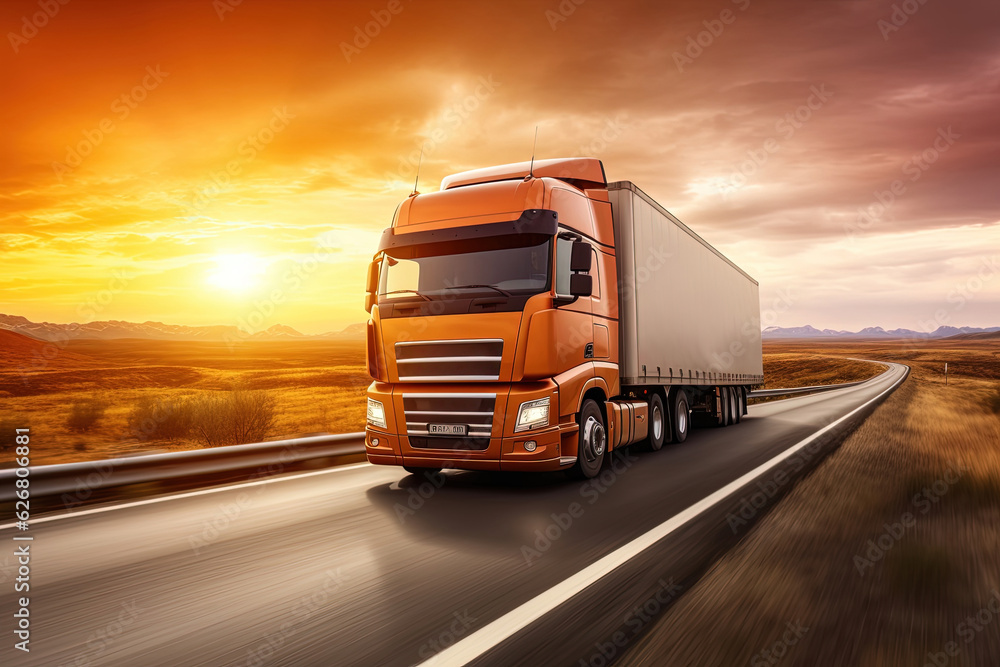 Speed motion of semi trailer truck driving on the road with the sunset ...