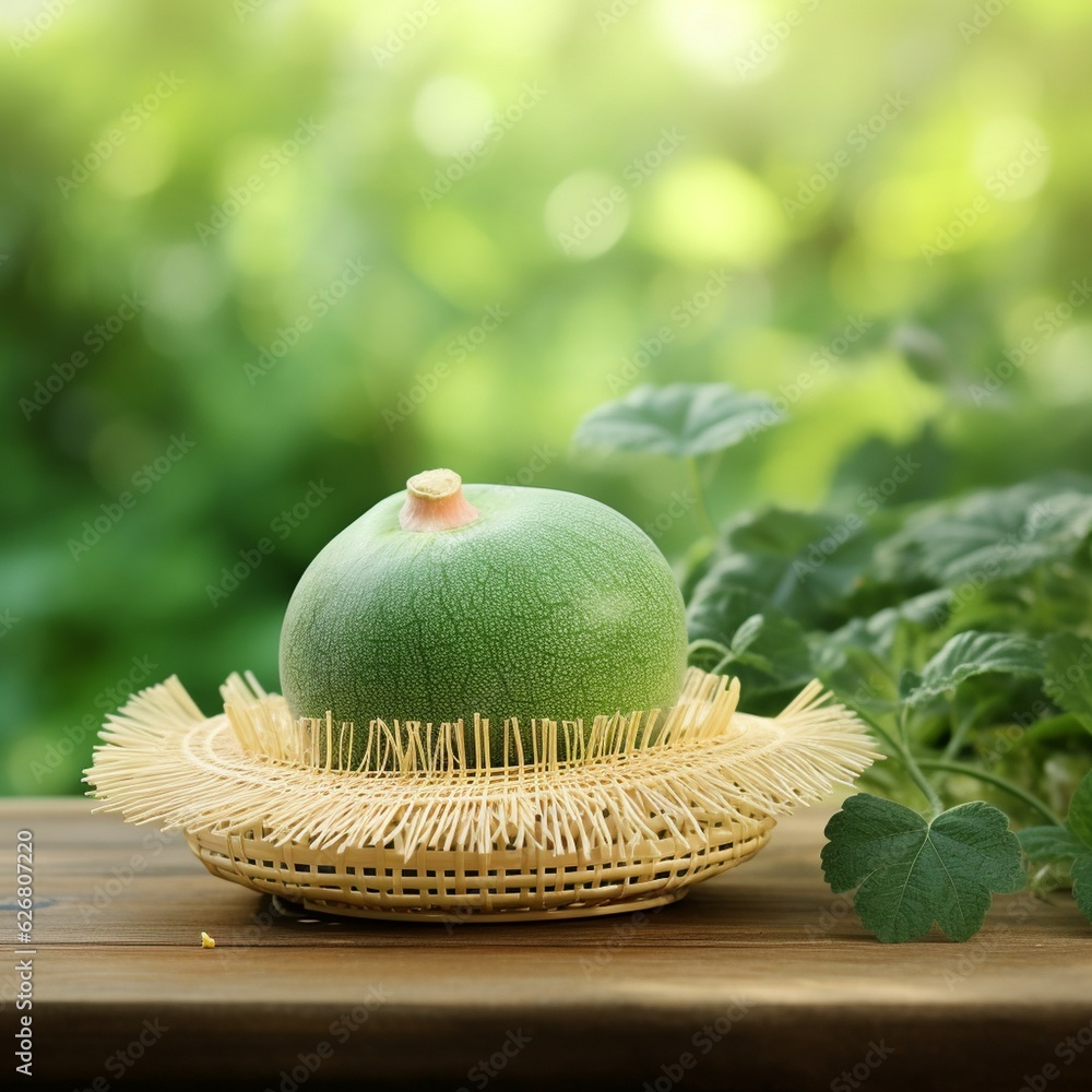 Green Crown Musk Melon on blurred greenery background, Cantaloupe Crown ...