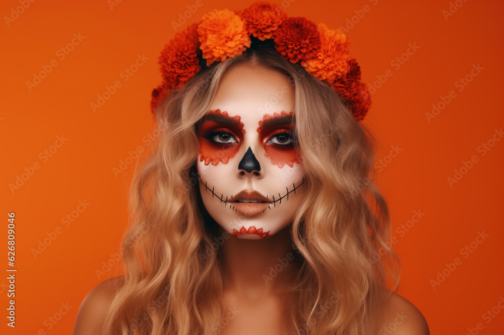 portrait of a woman with creative Halloween makeup, has a creepy look ...