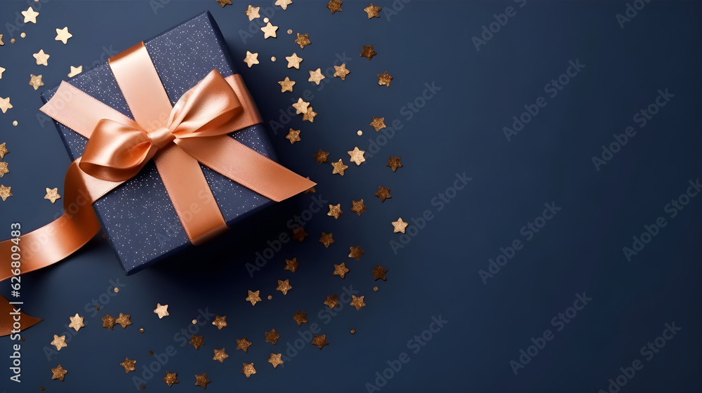 Dark blue gift box with gold satin ribbon on dark background. Top view ...