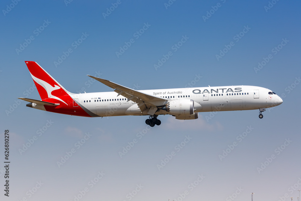 QANTAS Boeing 787-9 Dreamliner airplane at Dallas Fort Worth Airport in ...