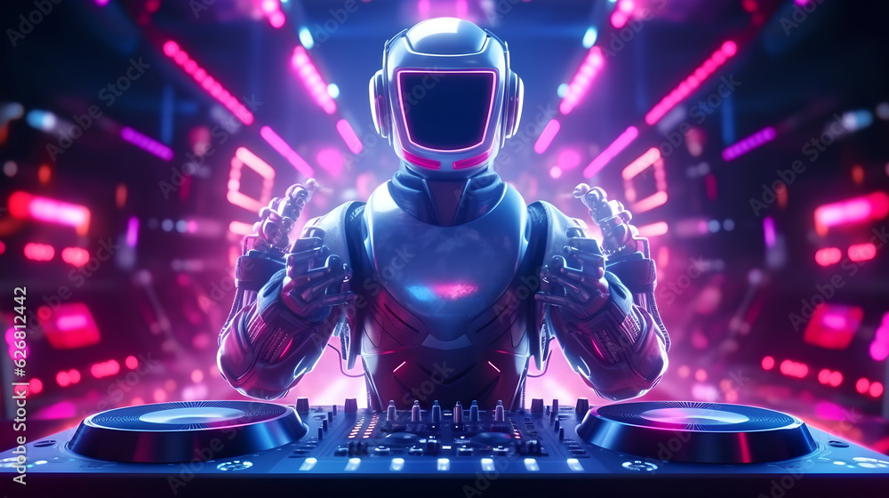 Futuristic robot DJ pointing and playing music on turntables. Robot ...