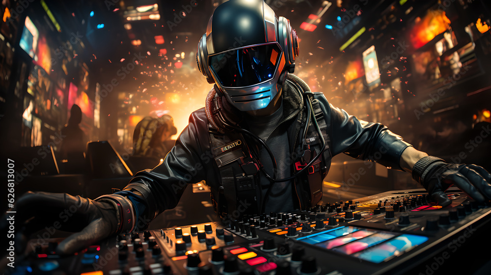 Futuristic robot DJ pointing and playing music on turntables. Robot ...