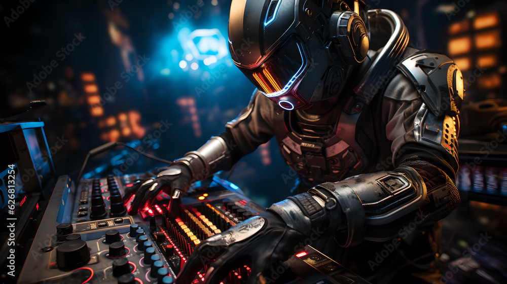 Futuristic robot DJ pointing and playing music on turntables. Robot disc jockey at the dj mixer ...
