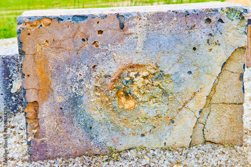 Explosion blasted concrete block with chemical bursts of color and ...