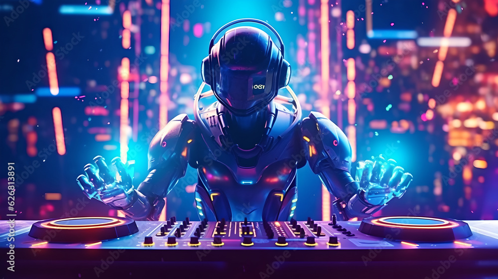 Futuristic robot DJ pointing and playing music on turntables. Robot ...