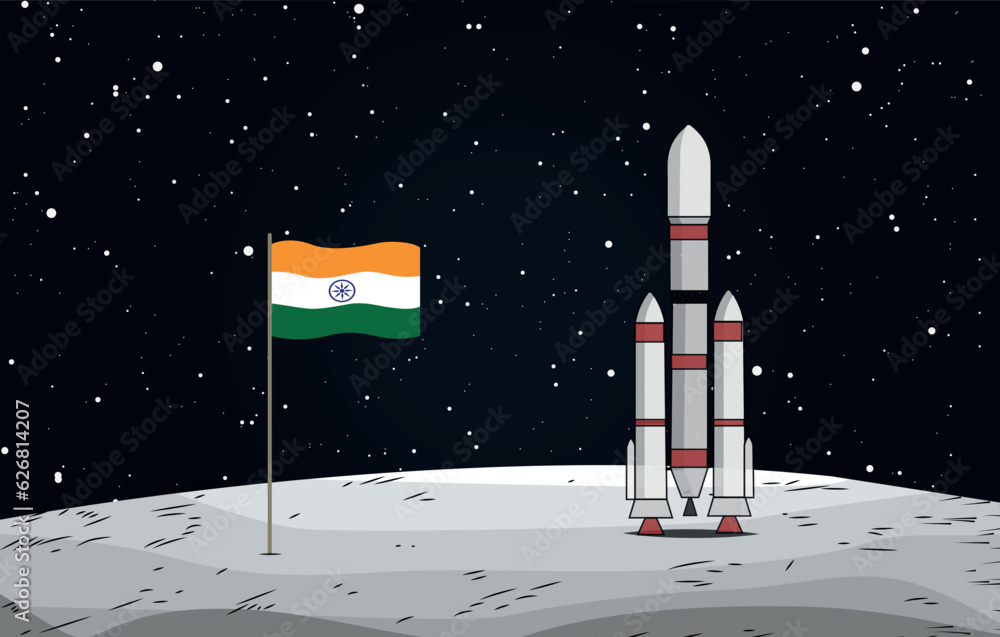 Chandrayaan landed on moon with indian flag and black sky and stars ...