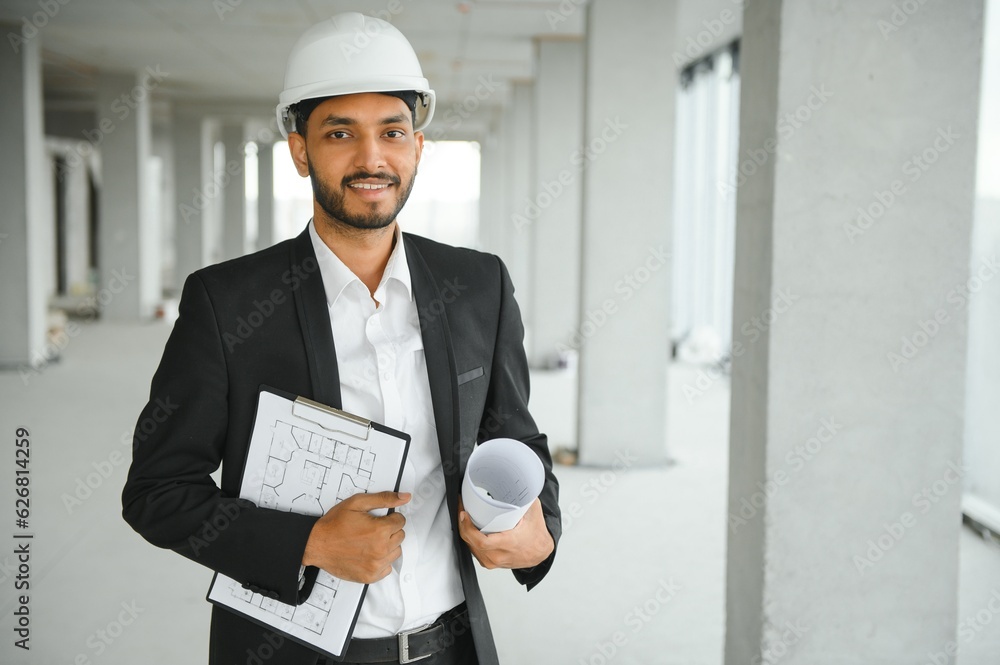 Asian engineer handsome man or architect with white safety helmet in ...