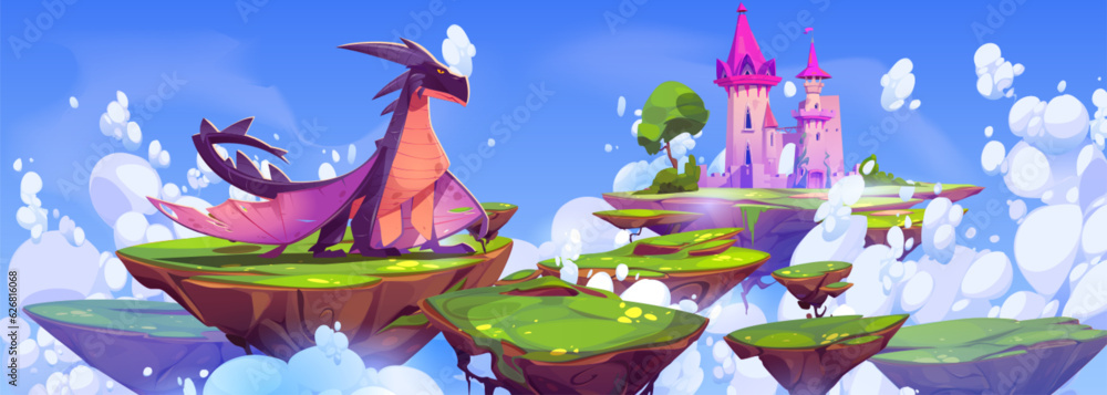 Fantasy castle and magic dragon floating on islands in sky. Vector ...