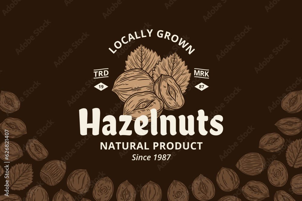 Vector hazelnuts vintage logo. Food label design. Hazelnuts seeds and ...