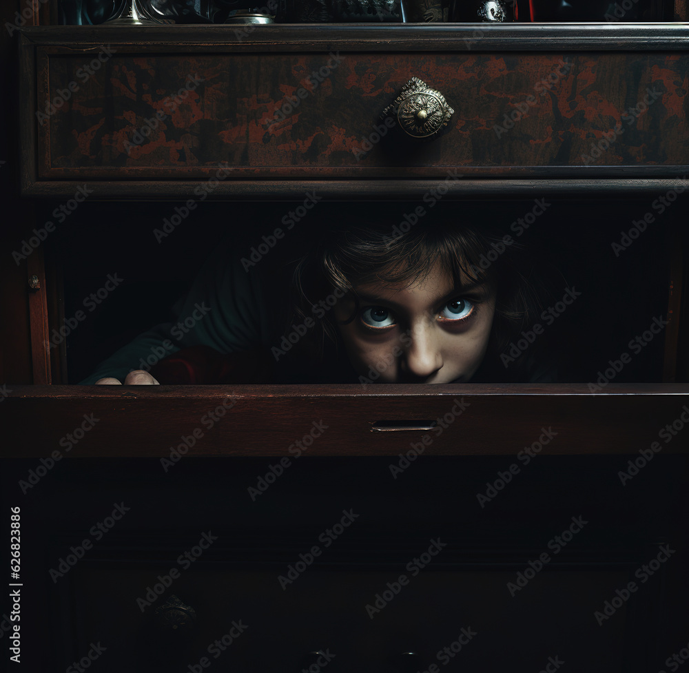 Hidden kid in a closet peering out from behind the darkness, ai art ...