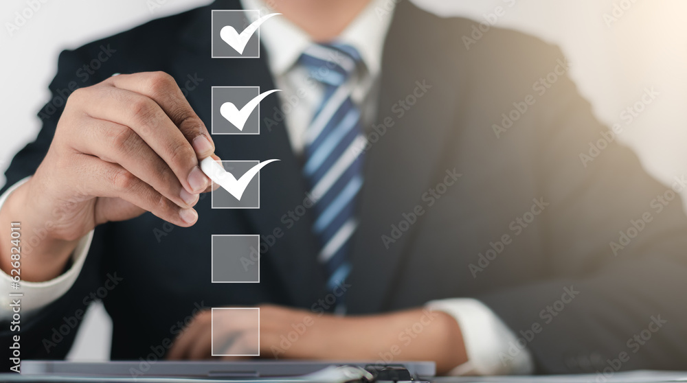 Document management system DMS. Businessman touching marking on ...