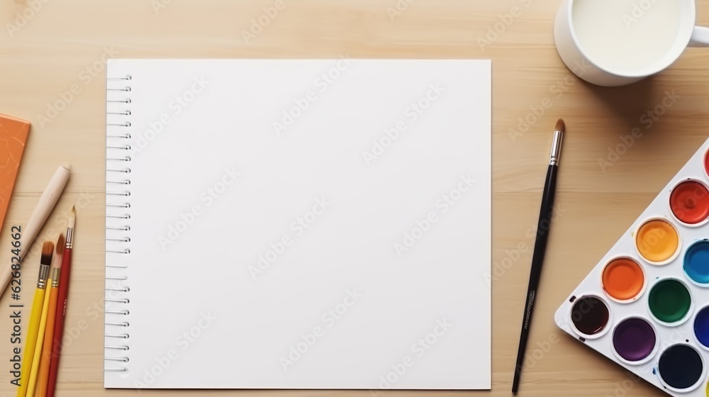 Flat Lay on Art Desk with Watercolor Paints in Ceramic Palette ...