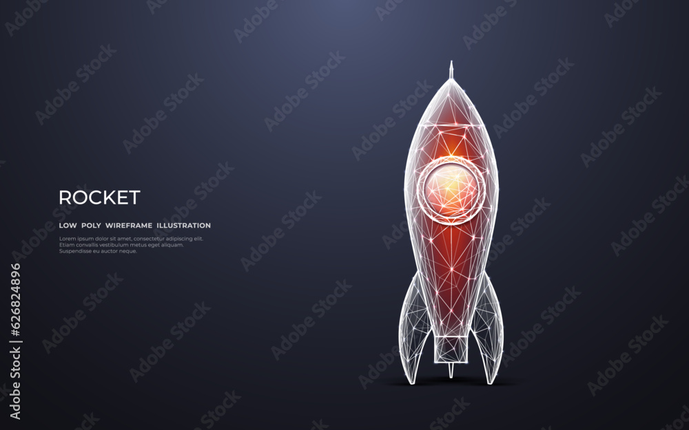 Abstract retro rocket consists of polygons, lines, and connected dots ...