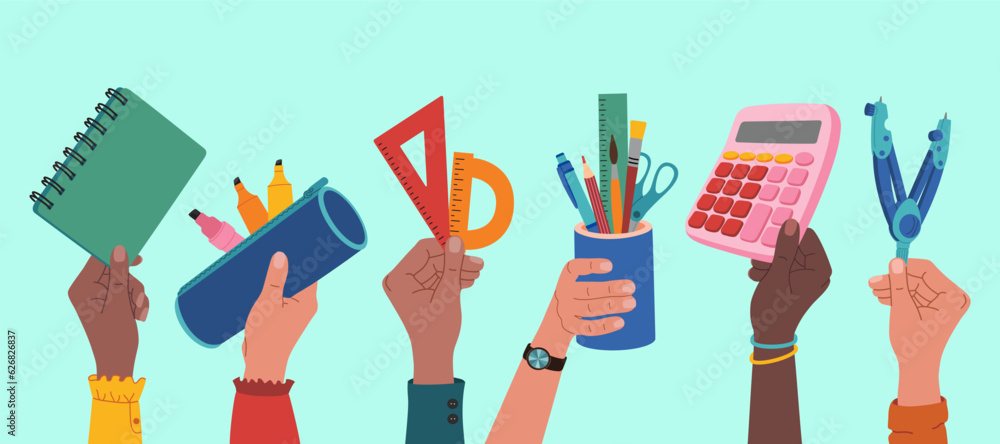 Diverse hands holding school supplies. Notebook, calculator, pens ...