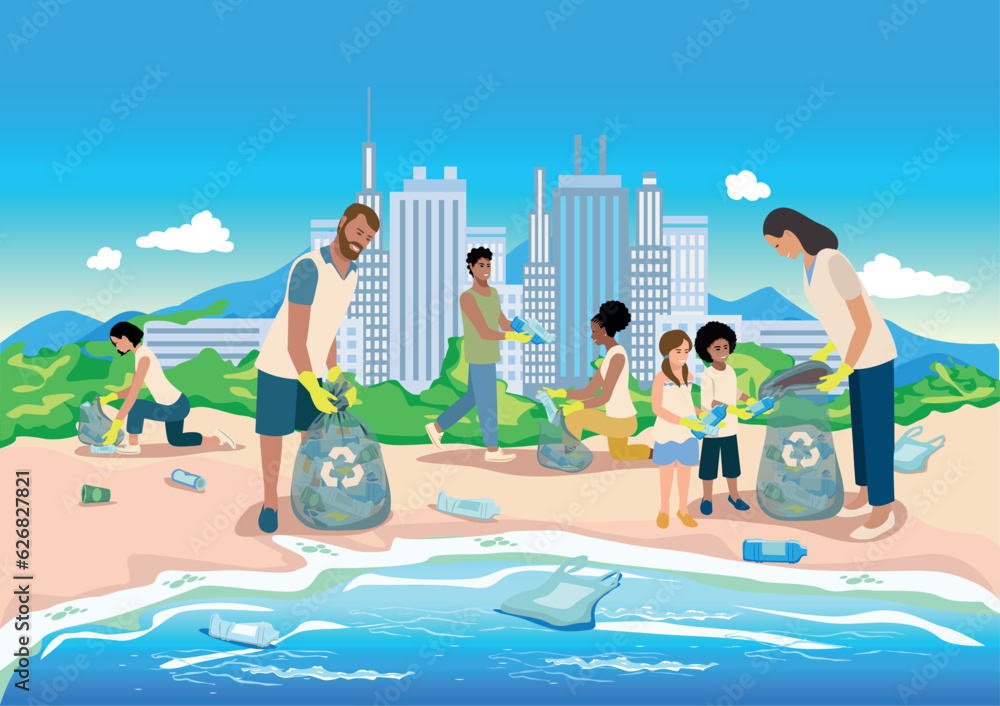People of different ages and nationalities volunteers clean up plastic ...