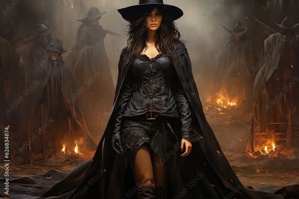 Beautiful woman witch in black dress and hat with the Salem Witches, ai ...