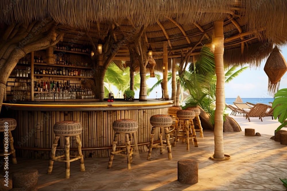 Tropical Bar on White Sand Beach with Bamboo and Rattan Interior ...