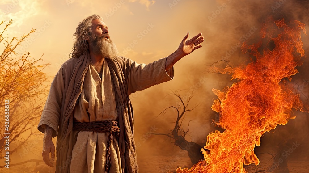 Person in the forest, Prophet Moses and the bush burning with fire ...