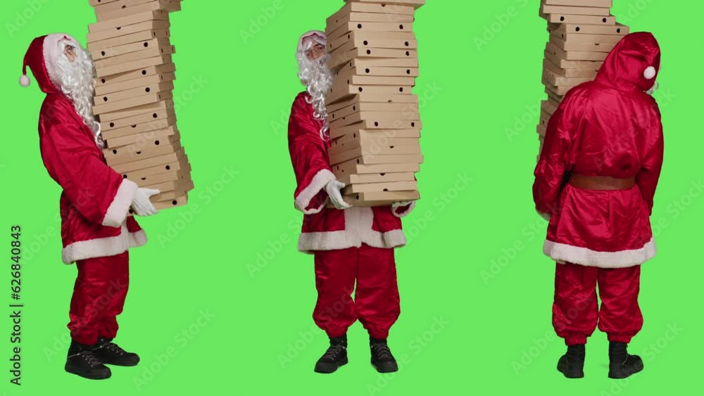 Saint nick holding pizza boxes, delivering huge pile of fast food over ...