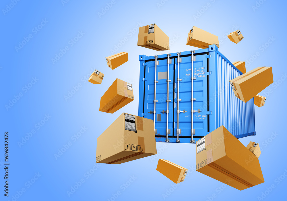 Cargo sea container. Flying parcels. Logistic container. Twenty foot ...