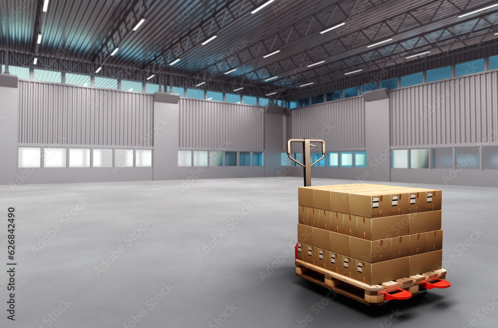 Boxes on pallet. Empty hangar. Pallet jack in industrial building ...