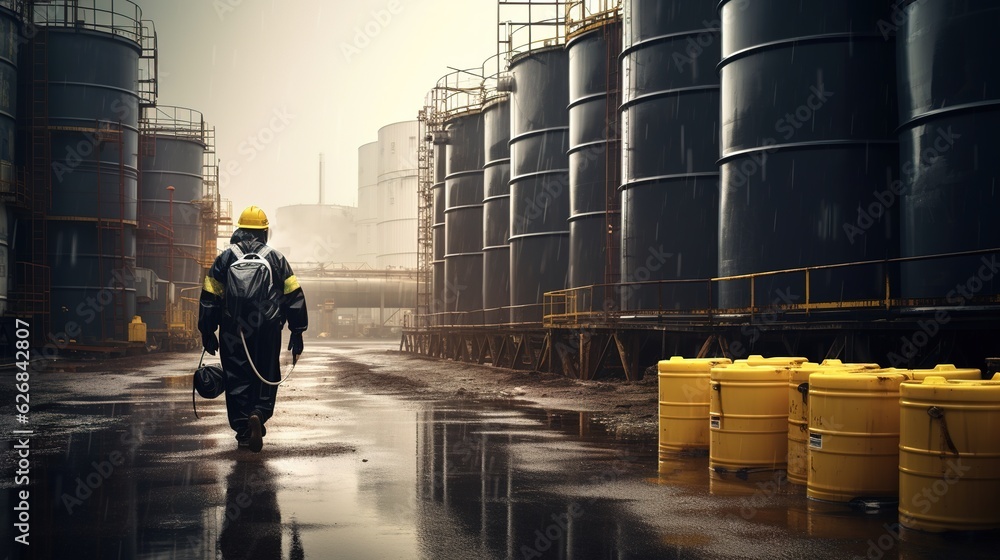 Chemical worker carrying canisters with hazardous materials and ...