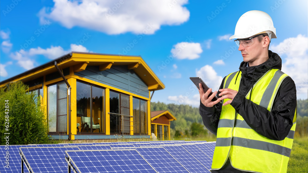 Solar power plant engineer. Man near photovoltaic generators. Solar ...