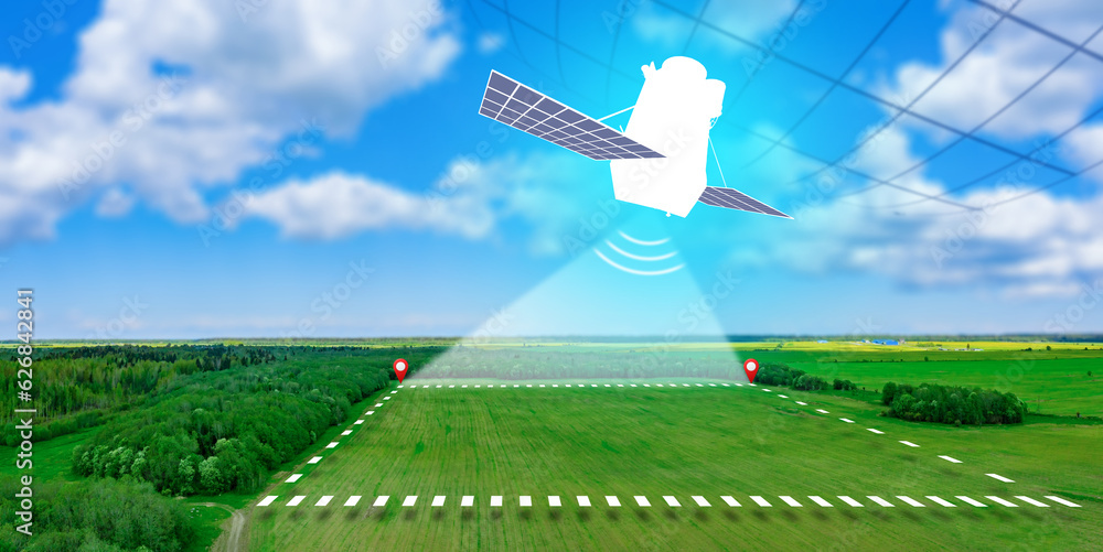 Geodetic satellite in sky. Shooting land from space. Modern geodetic ...