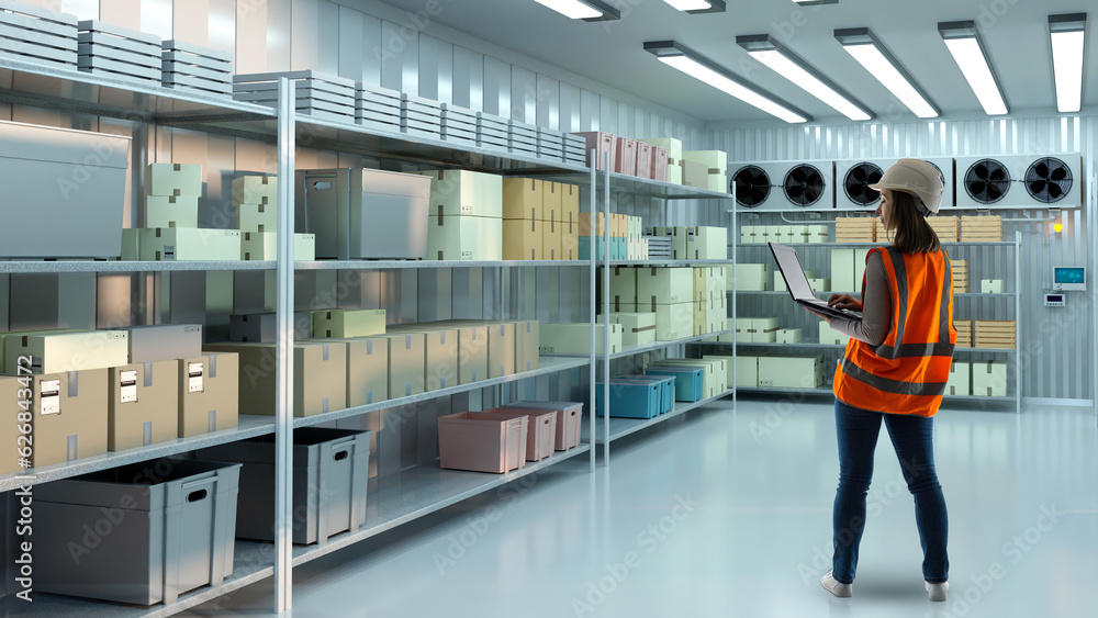 Woman in industrial refrigerator. Girl with laptop works in warehouse ...