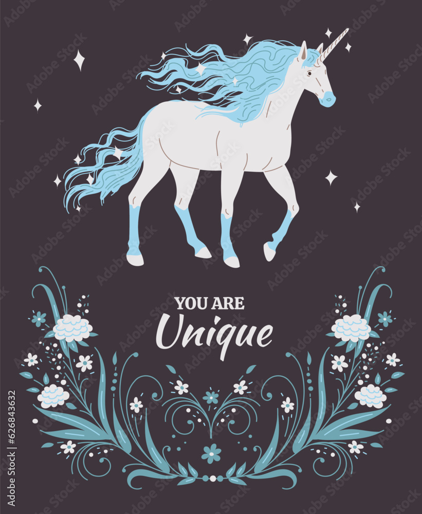 Magic unicorn poster, you are unique inscription, cartoon flat vector ...
