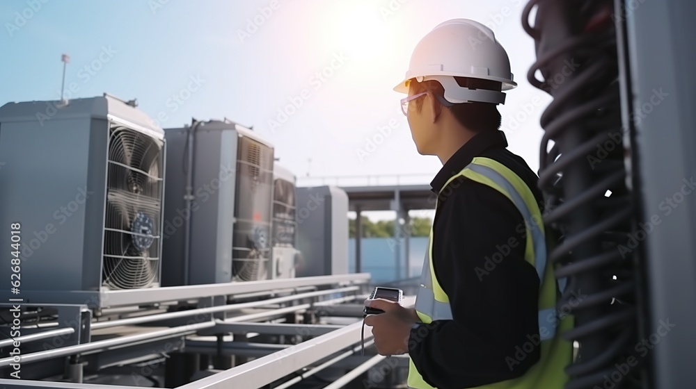Engineer under checking the industry cooling tower air conditioner is ...