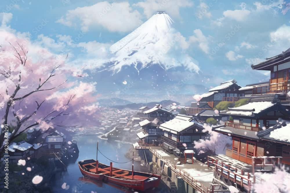 Beautiful fantasy winter nature landscape and cherry blossom tree ...