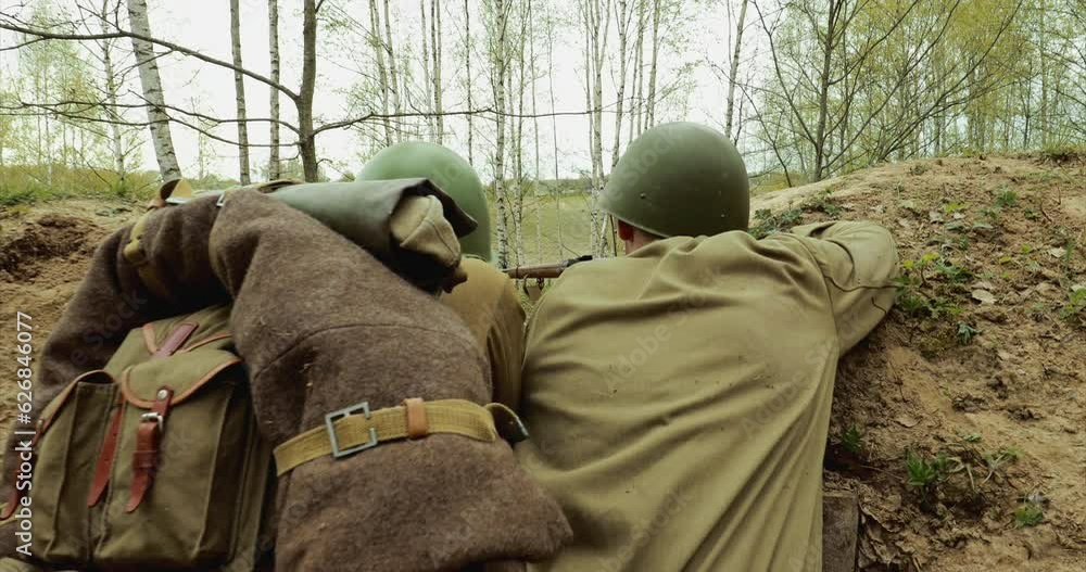 Re-enactors Dressed As Soviet Russian Soldier Aiming With Rifles ...
