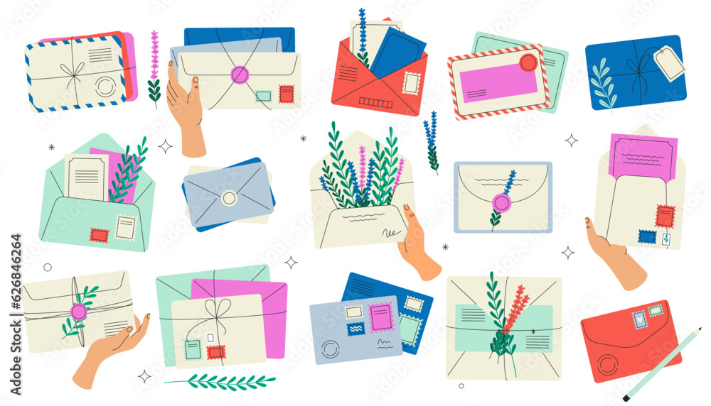 Cartoon mail envelopes. Handwritten letters with stamps and postmarks ...