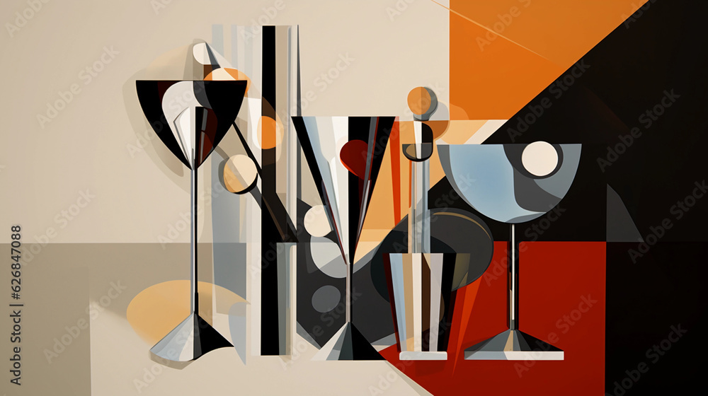 Abstract geometric portrayal of mixology tools: shaker, strainer ...