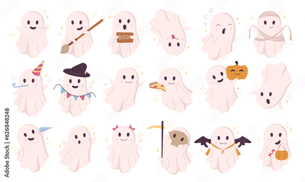Ghost cute Halloween monster, mystery boo cartoon character. Vector set ...