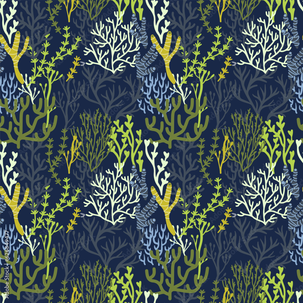 Seaweeds pattern. Seamless print of aquatic plants and nature ...