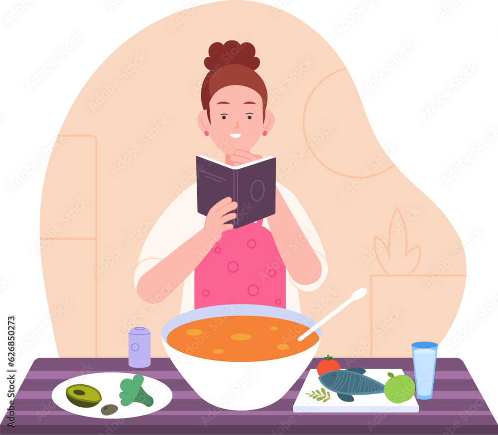 Woman recipe book. Girl reading cookbook with recipes and cooking ...