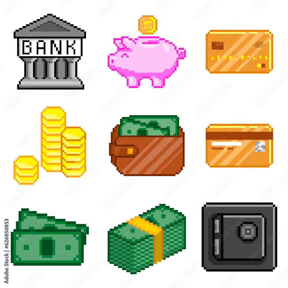 Pixel Art Cash Money icons set. Pixel Wallet with banknotes and Golden ...
