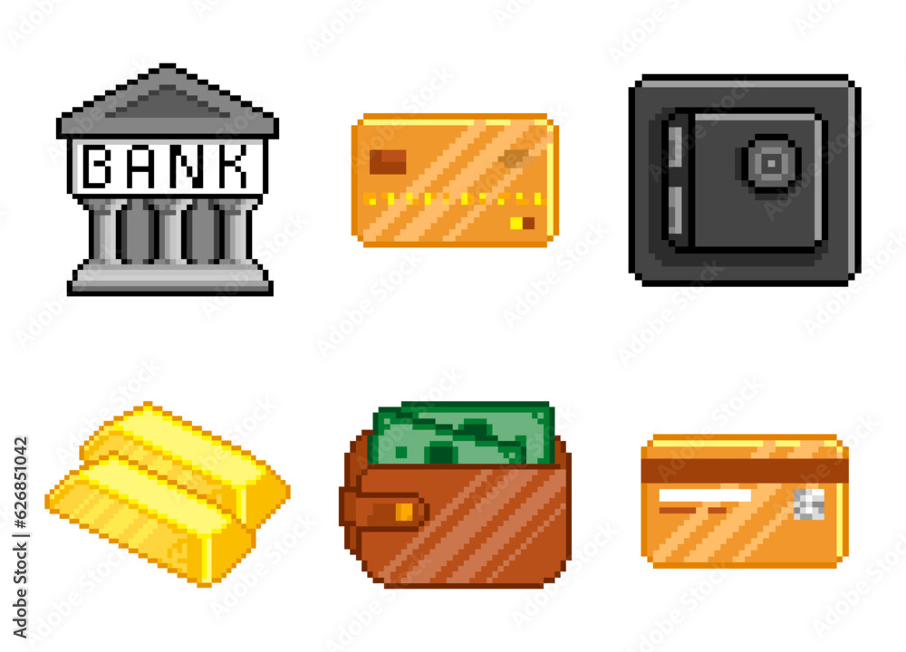 Pixel Art Cash Money icons set. Pixel Wallet with banknotes and Golden ...