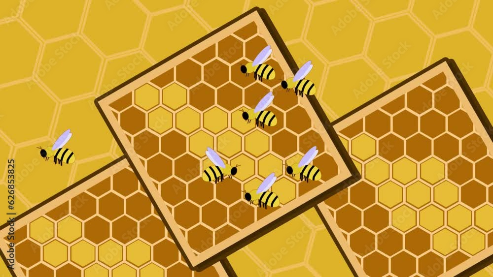 Honey bees flying around a honeycomb made of planks, 2d animation, 4k ...