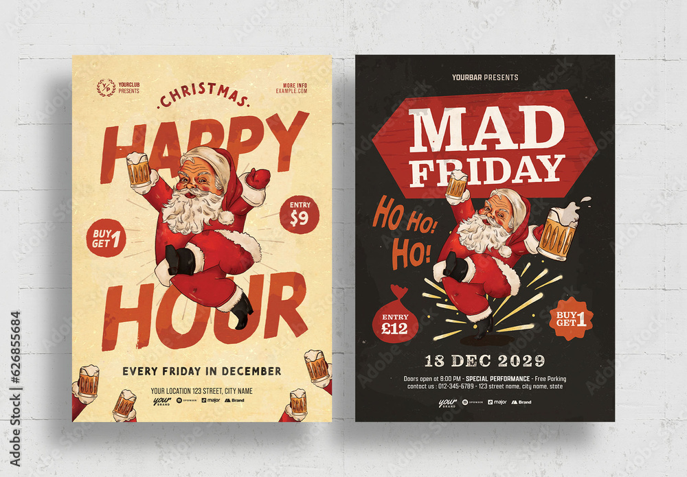 Christmas Happy Hour Mad Friday Flyer Poster Set Stock Template | Adobe ...
