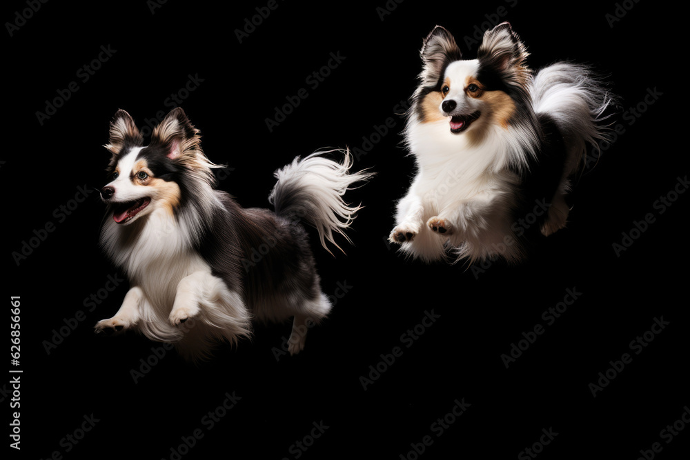 Jumping Moment, Two Ragdoll Dogs On Black Background . Jumping Moment ...