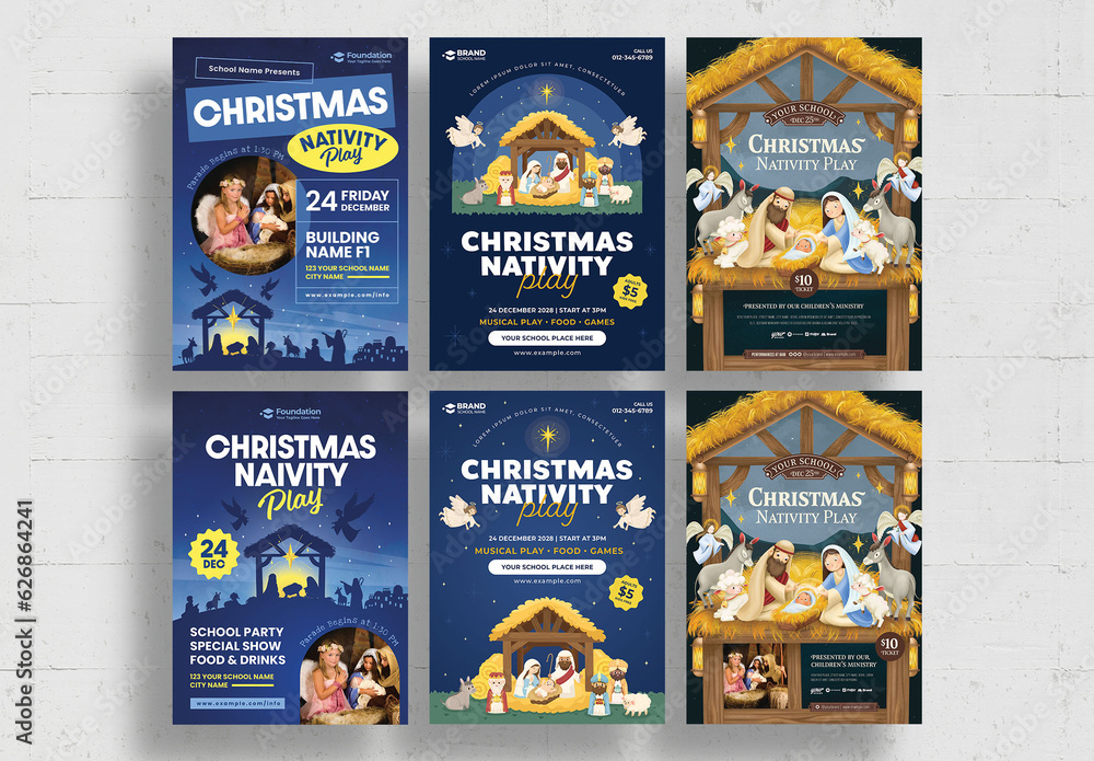 Christmas Nativity School Play Flyer Poster Layout Set Stock Template ...