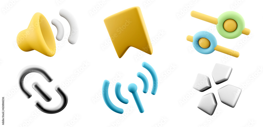 3d rendering sound volume, yellow bookmark flag, direction arrows, Hyperlink, Signal ...