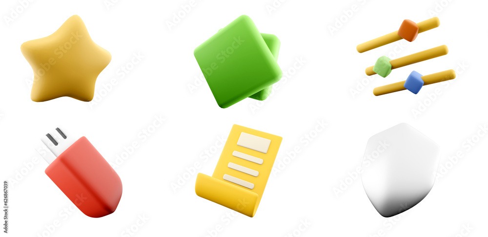 3d rendering yellow star, resize window app, line slider bar, usb flash drive, document, malware ...