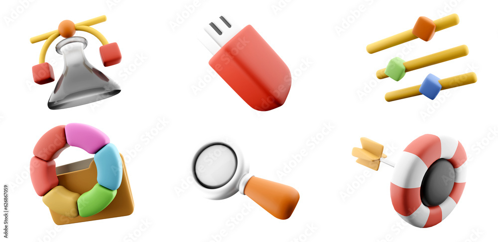 3d rendering line slider bar, Magnifying glass, Chemistry flask, color wheel with folder, Dart ...