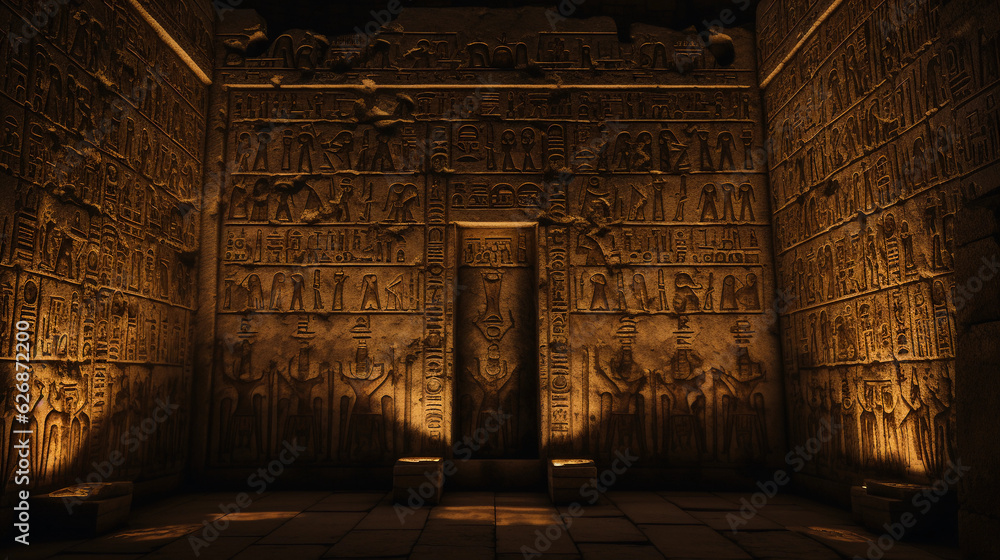 hieroglyphs on the walls of the Karnak Temple in Egypt, glowing under ...