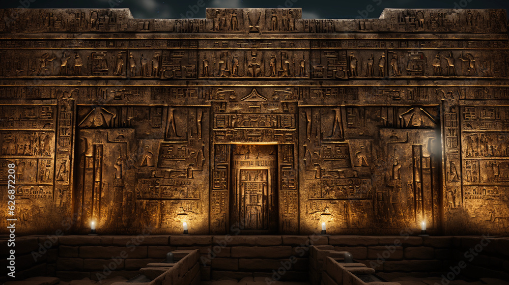 hieroglyphs on the walls of the Karnak Temple in Egypt, glowing under ...